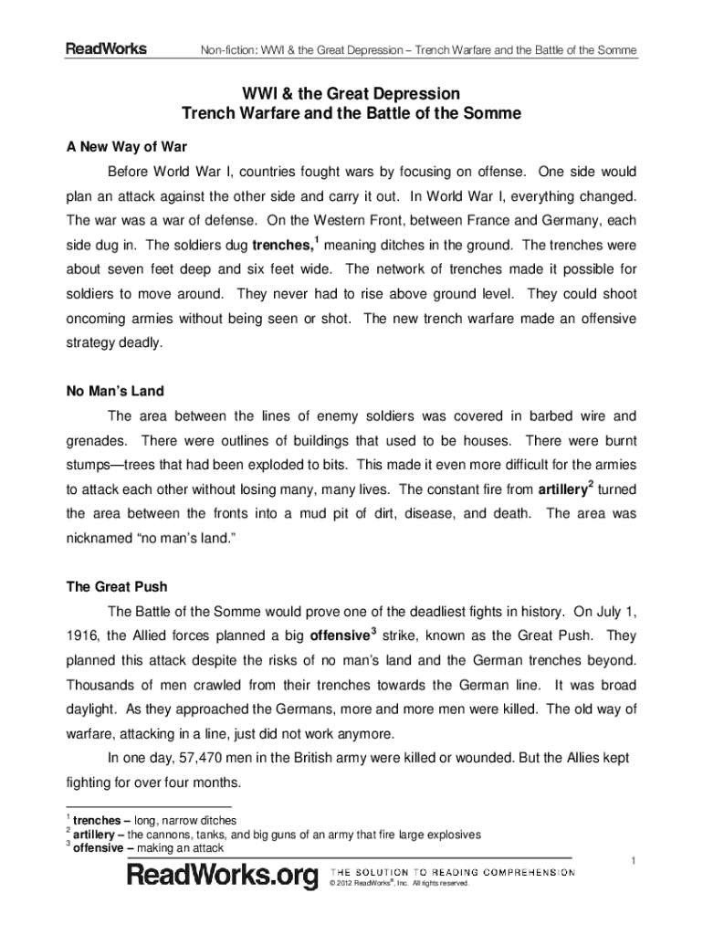 Fillable Online World War I and the Great Depression - Trench Warfare ...