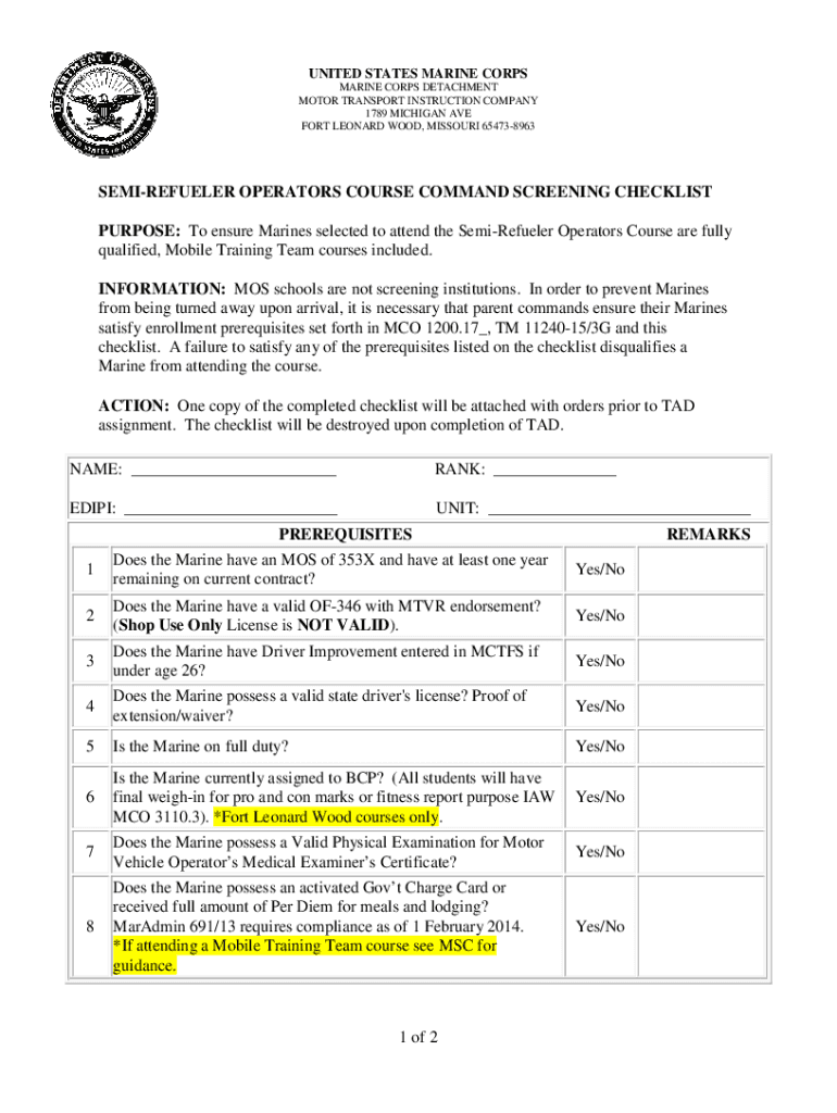 Fillable Online Marine Corps Detachment, Fort Leonard Wood and one ...