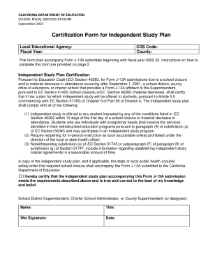 Fillable Online Certification Form for Independent Study Plan (CA Dept ...