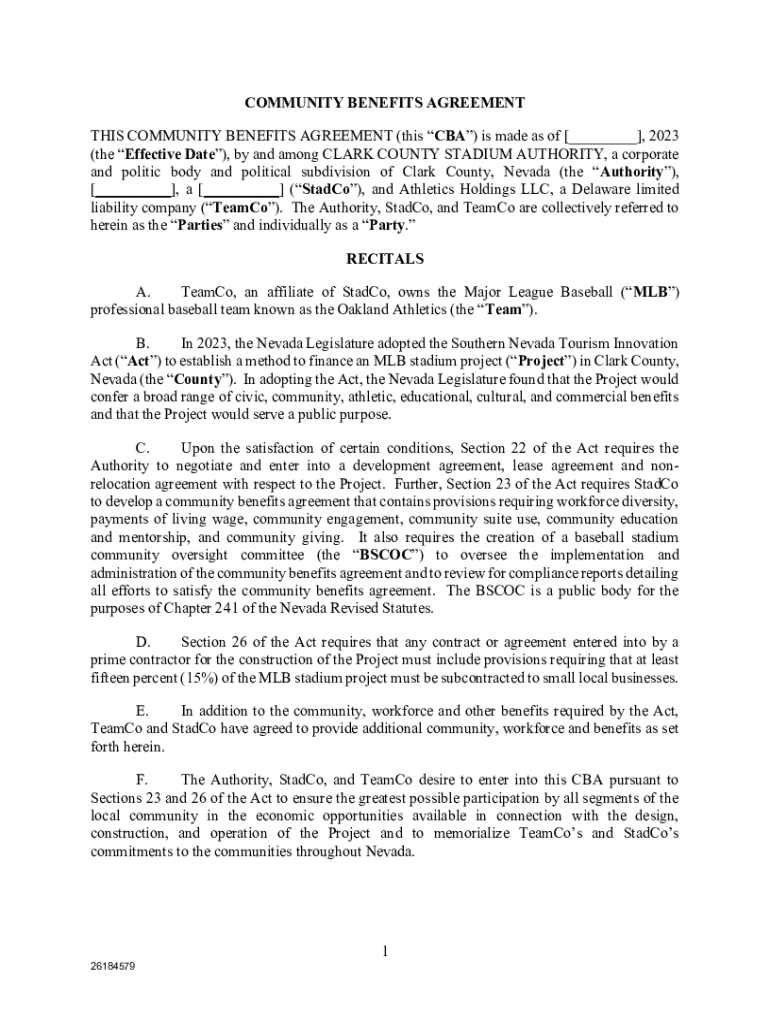 Fillable Online 'COMMUNITY BENEFITS AGREEMENT TERM SHEET By ... Fax ...