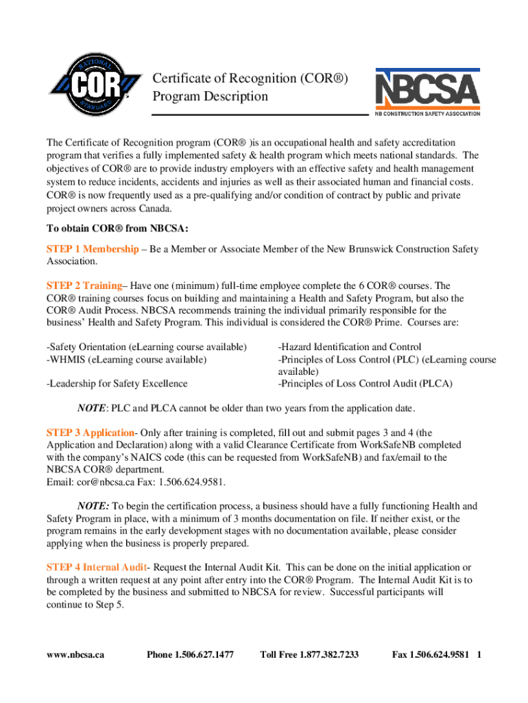 Fillable Online NBCSA Certificate of Recognition (COR) Program ... Fax ...
