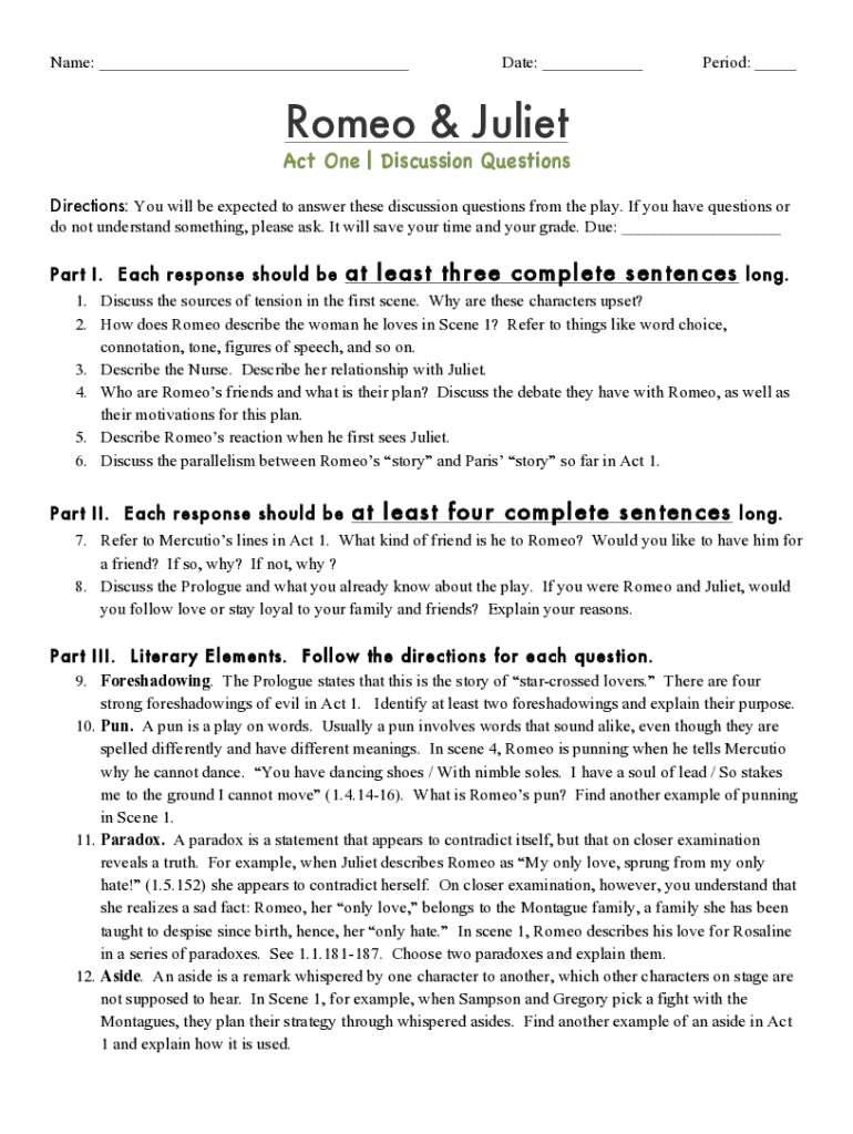 Fillable Online Romeo and Juliet Act 1 Guided Reading Packet.docx ...