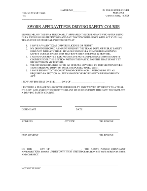 Fillable Online SWORN AFFIDAVIT FOR DRIVING SAFETY COURSE Fax Email ...