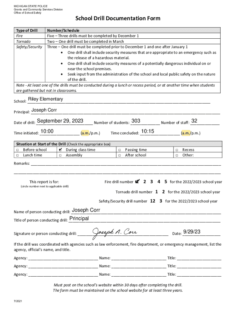 Fillable Online Riley Elementary Safety Drill Certificates Fax Email ...