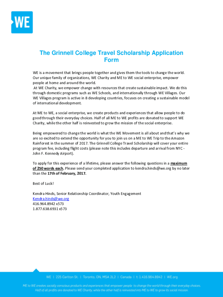 Fillable Online The Grinnell College Me-to-We Travel Scholarship ...