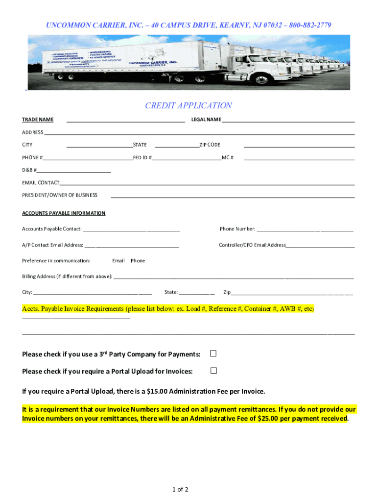 Fillable Online Uncommon Carrier Inc, 40 Campus Dr, Kearny, NJ, Trucking Fax Email Print - pdfFiller