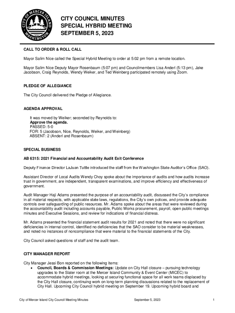 Fillable Online Mayor Salim Nice Deputy Mayor Rosenbaum (5:07 pm) and Councilmembers Lisa Anderl ...