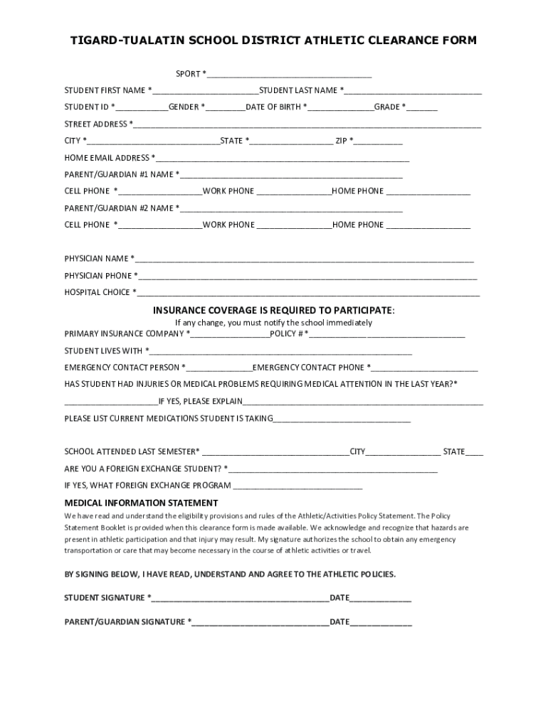 Fillable Online TTSD Athletic Clearance Form Fax Email Print - pdfFiller