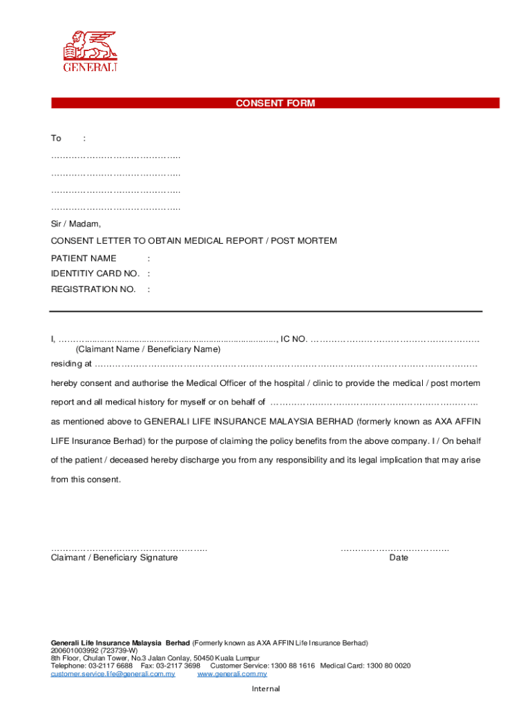 Fillable Online CONSENT LETTER TO OBTAIN MEDICAL REPORT / POST MORTEM ...