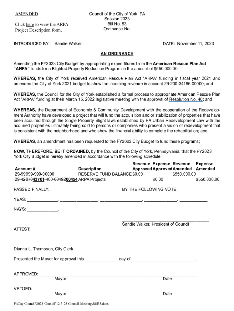 Fillable Online AMENDED Click here to view the ARPA Project Description ...