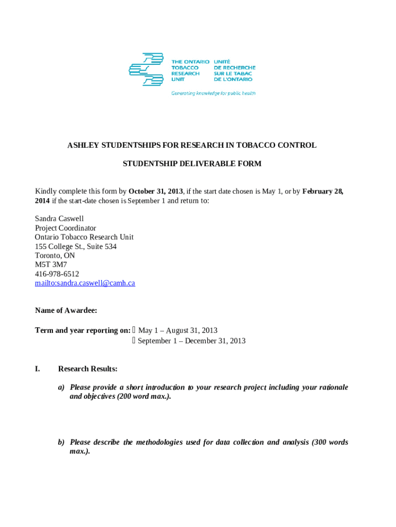 ASHLEY STUDENTSHIPS FOR RESEARCH IN TOBACCO CONTROL Doc Template | pdfFiller