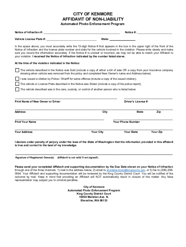 Fillable Online CITY OF KENMORE AFFIDAVIT OF NON-LIABILITY - Automated ...