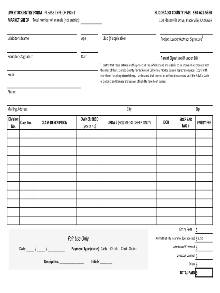 Fillable Online livestock entry form - please type or print Fax Email ...