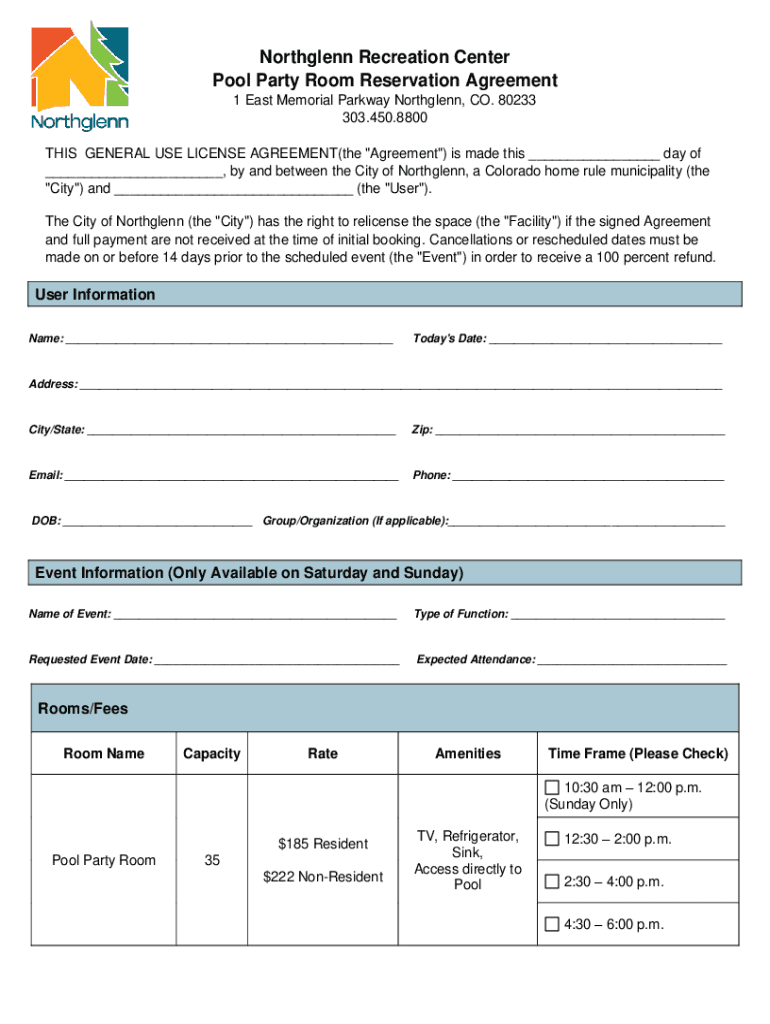 Fillable Online Northglenn Recreation Center Pool Party Room ...