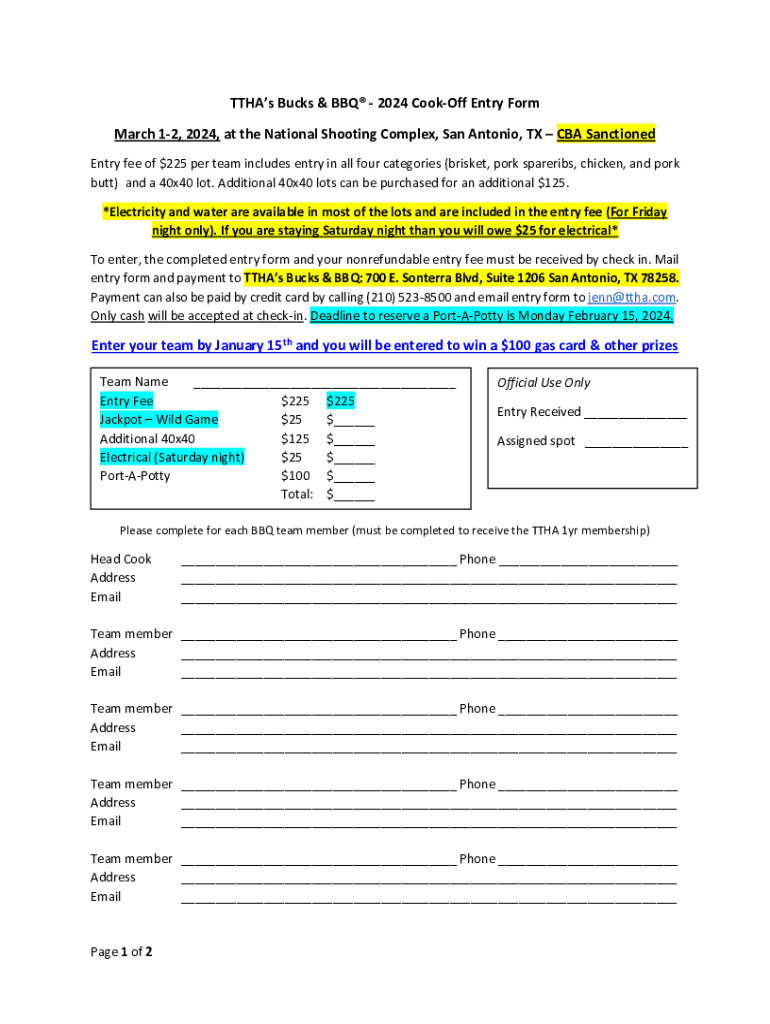 Fillable Online TTHA's Bucks & BBQ - 2024 Cook-Off Entry Form Fax Email ...