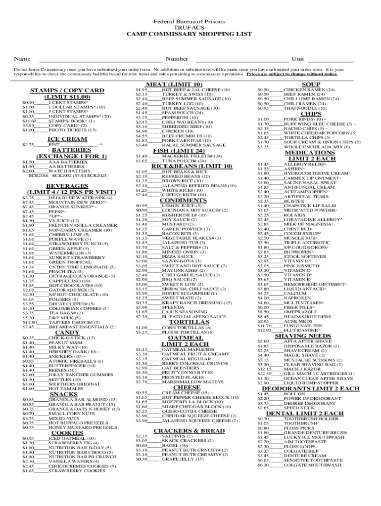 Fillable Online List and prices of items sold at the commissary in FCI ...