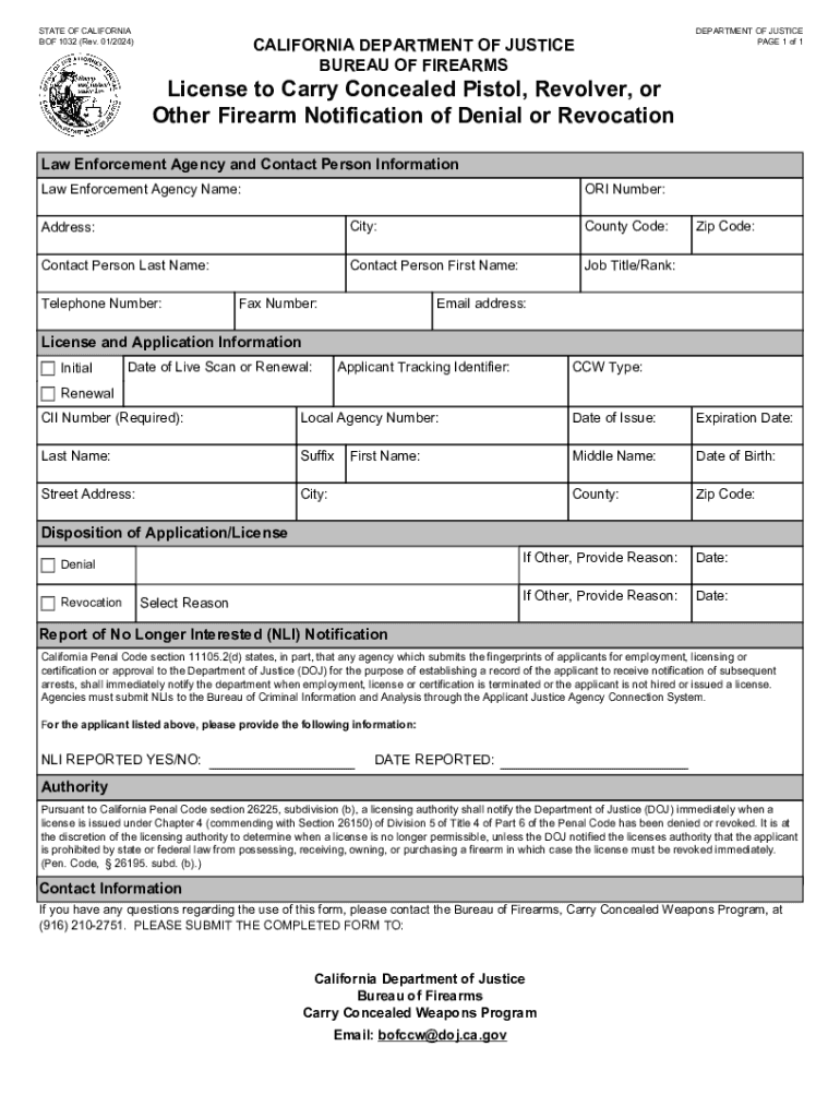 Fillable Online oag ca BOF 1032 License to Carry Concealed Pistol ...