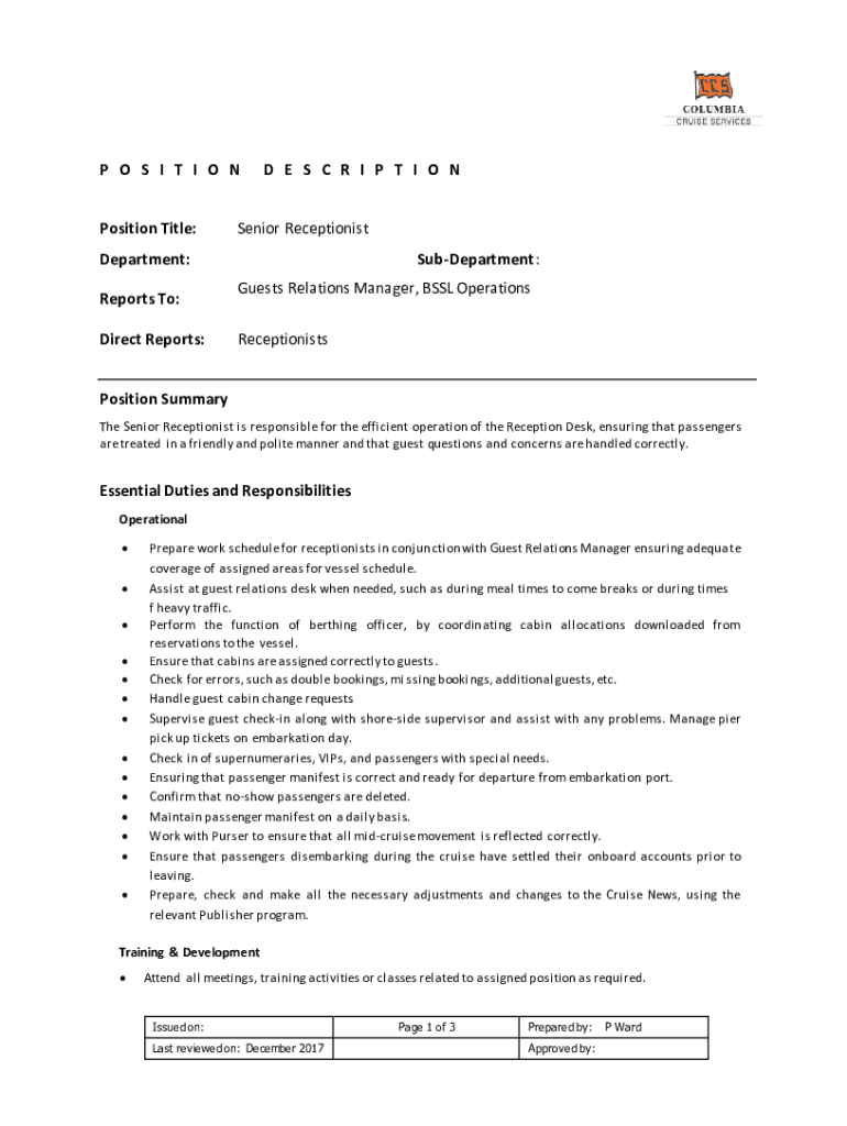 Fillable Online Guest Relations Manager job description template Fax ...