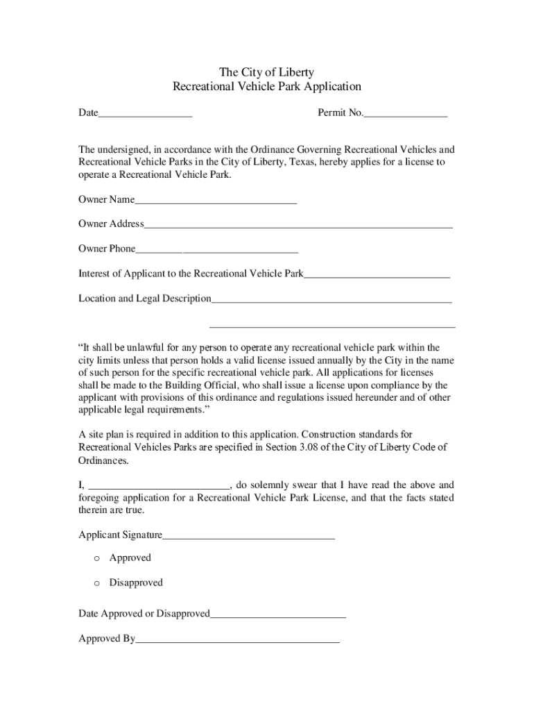 Fillable Online The City of Liberty Recreational Vehicle Park Application Fax Email Print ...