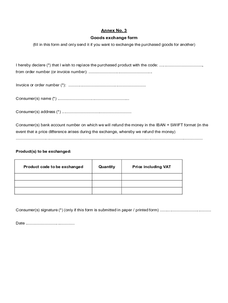 Fillable Online Annex No. 3 - Goods exchange form Fax Email Print ...