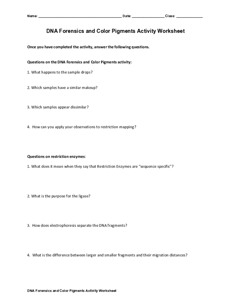 Fillable Online DNA Forensics and Color Pigments Activity Worksheet ...