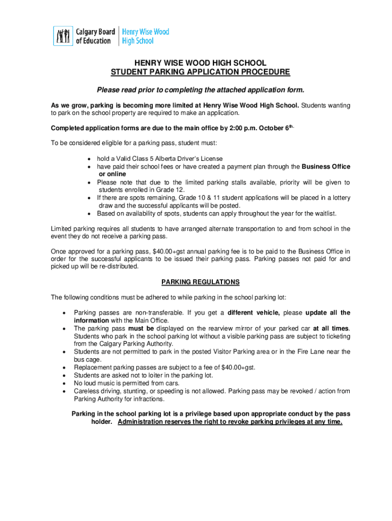 Fillable Online Henry Wise Wood High School Student Parking Application ...