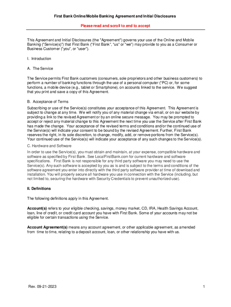Fillable Online First Bank Online/Mobile Banking Agreement and Initial Disclosures ... Fax Email ...