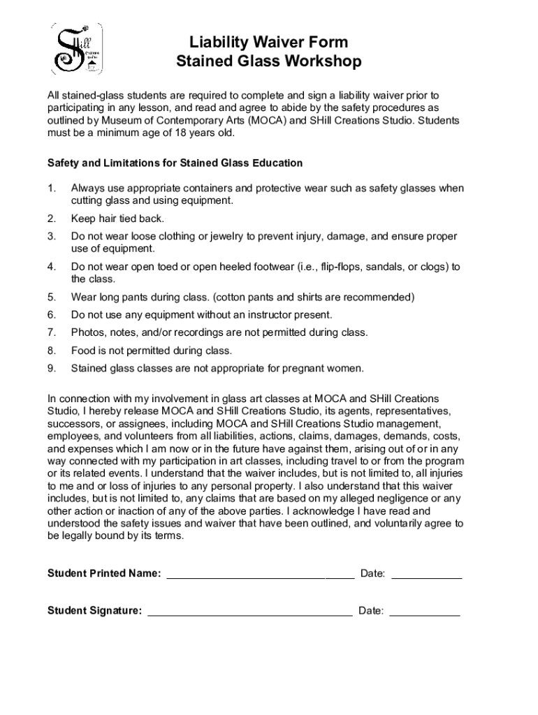 Fillable Online Liability Waiver Form Stained Glass Mosaic Workshop Fax ...