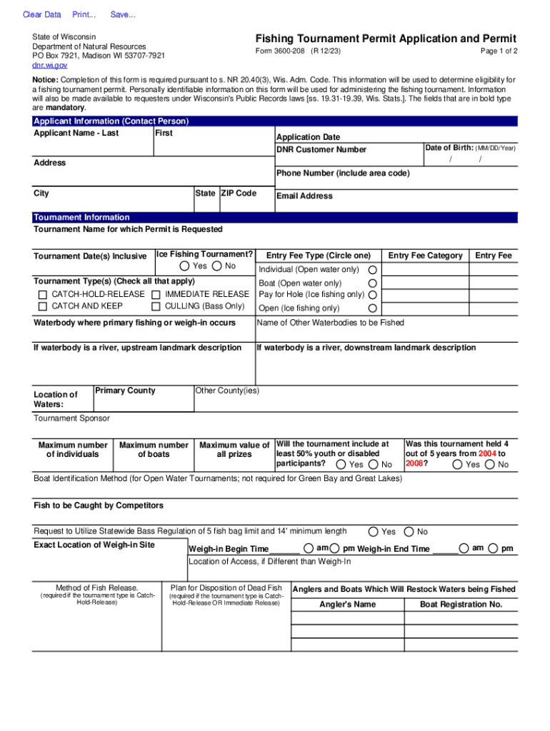 Fillable Online Form 3600-208. Fishing Tournament Permit Application ...