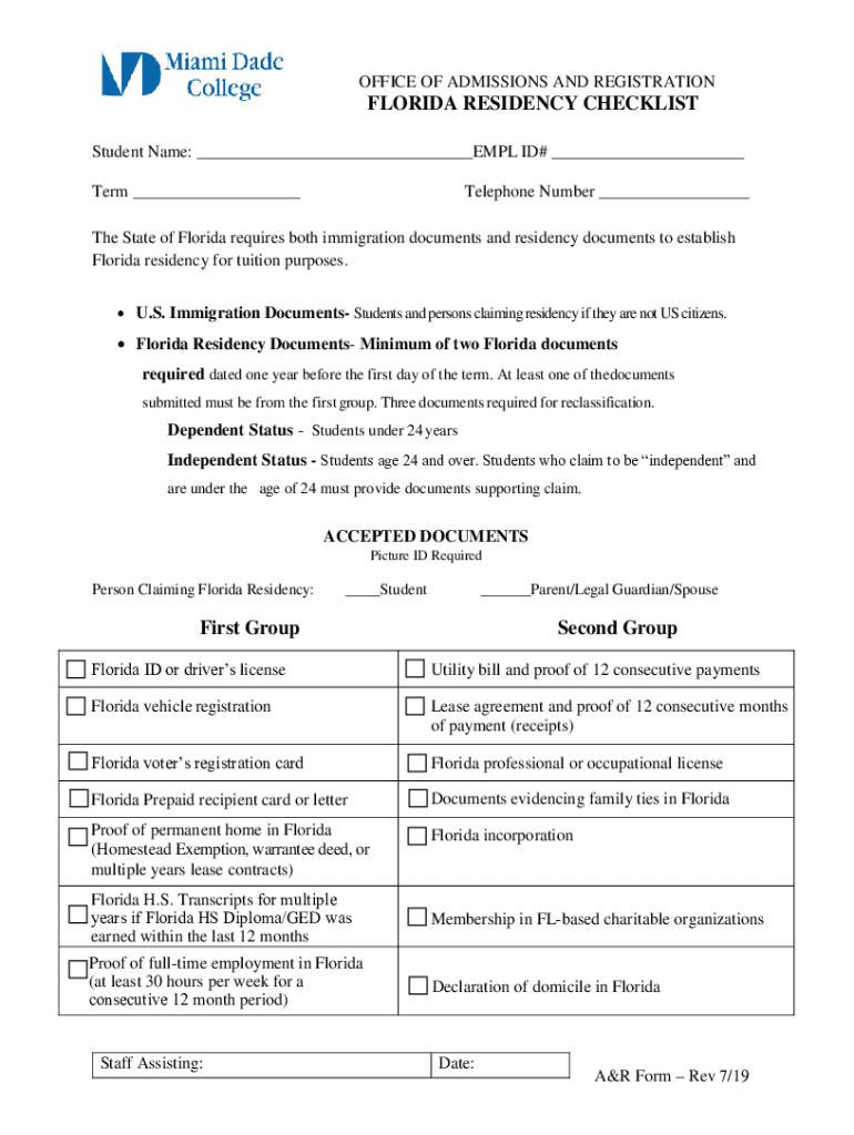 Fillable Online office of admissions and registration - florida residency checklist Fax Email ...