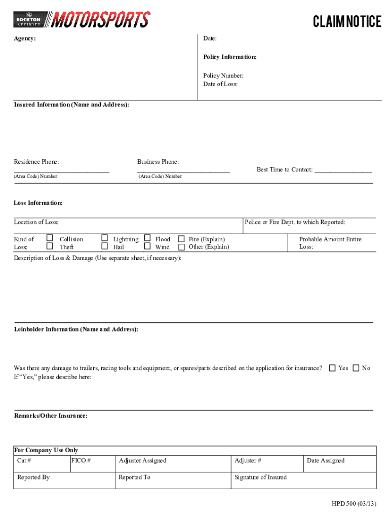 Fillable Online Lockton Motorsports Claims Forms Fax Email Print ...