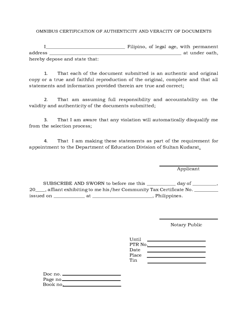 Fillable Online DepEd Omnibus Certification of Authenticity and ...