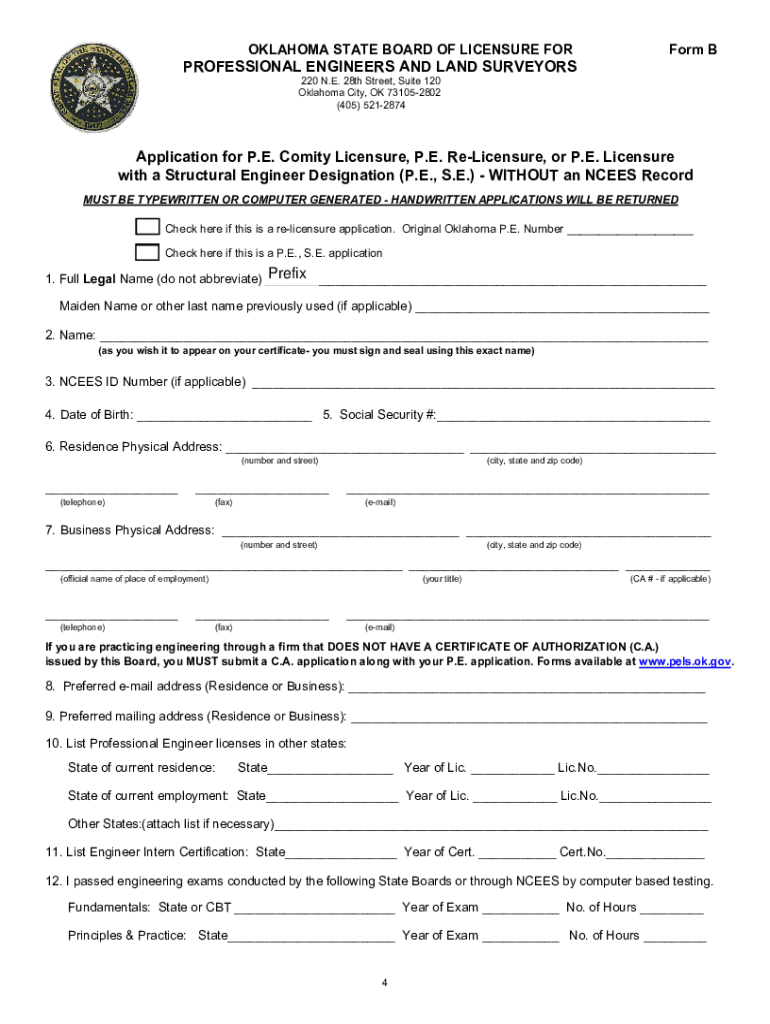 Fillable Online Application Forms for Professional Engineer Licensure - Initial ... Fax Email ...