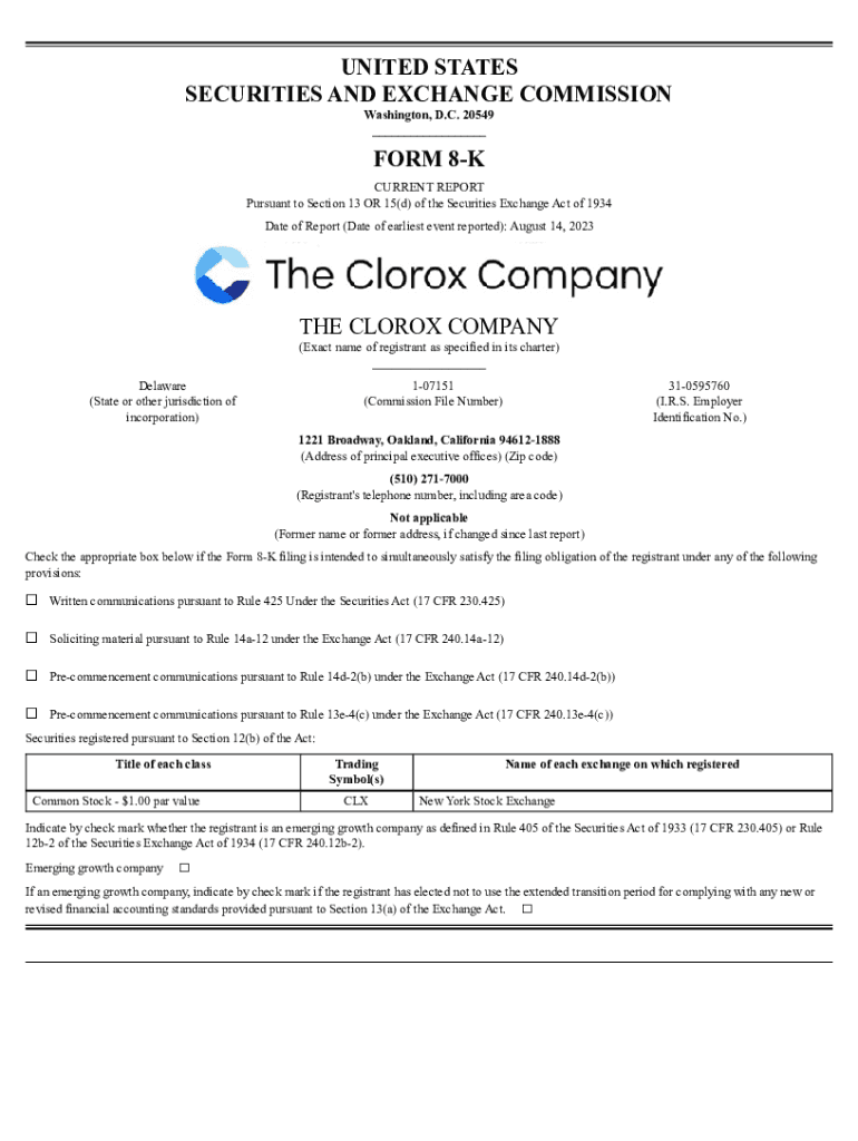 Fillable Online The Clorox Company (the Company or Clorox) has identified unauthorized activity ...