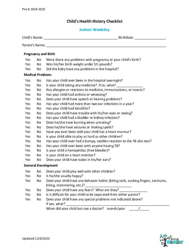 Fillable Online Child's Health History Checklist Judson Weekday Fax ...