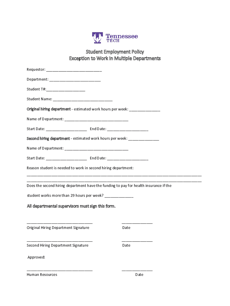 Fillable Online Student Employment Policy Exception to Work in Multiple ...