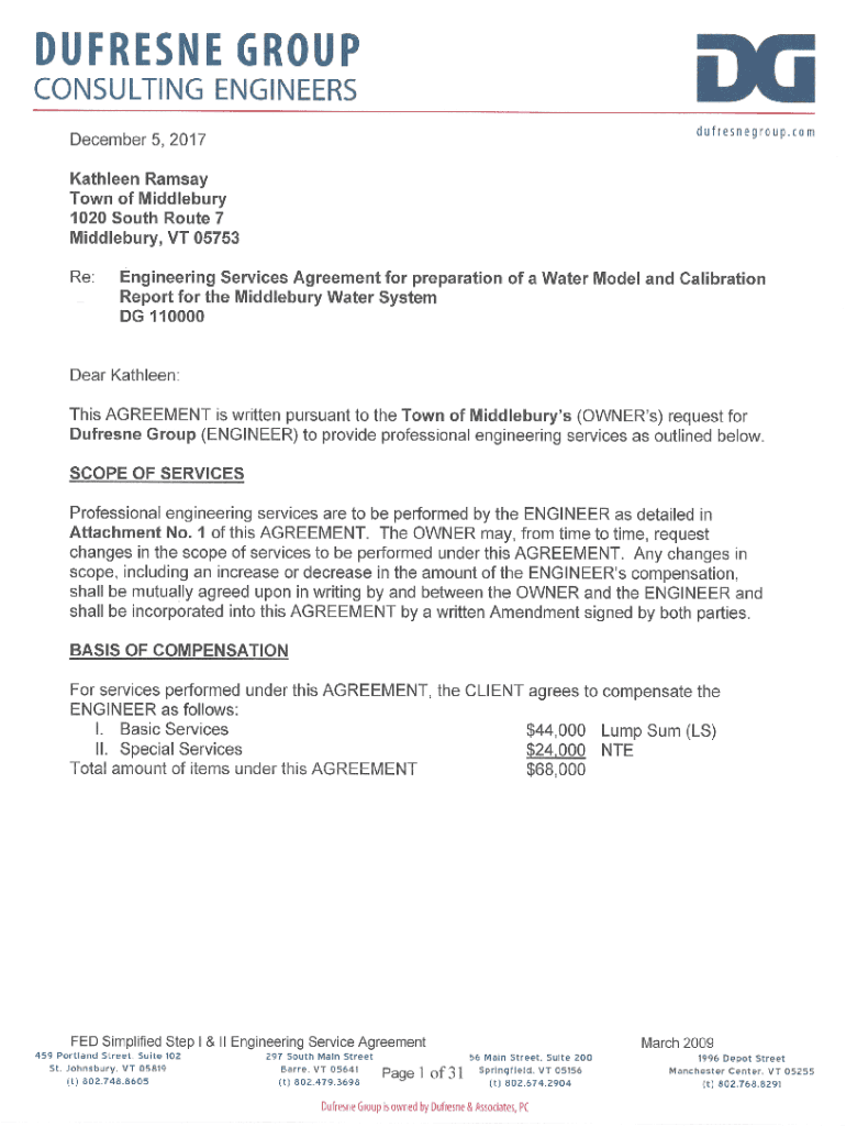 Fillable Online Engineering services agreement Middlebury Water Model ...