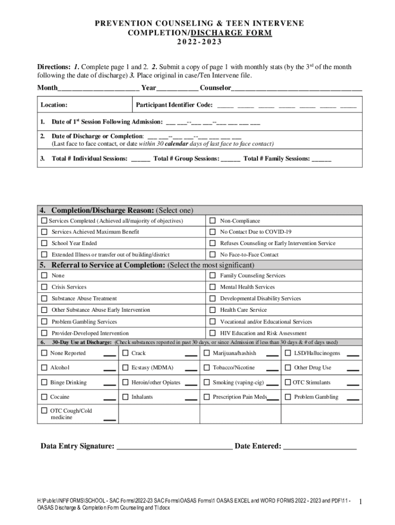 Fillable Online prevention counseling & teen intervene completion ...