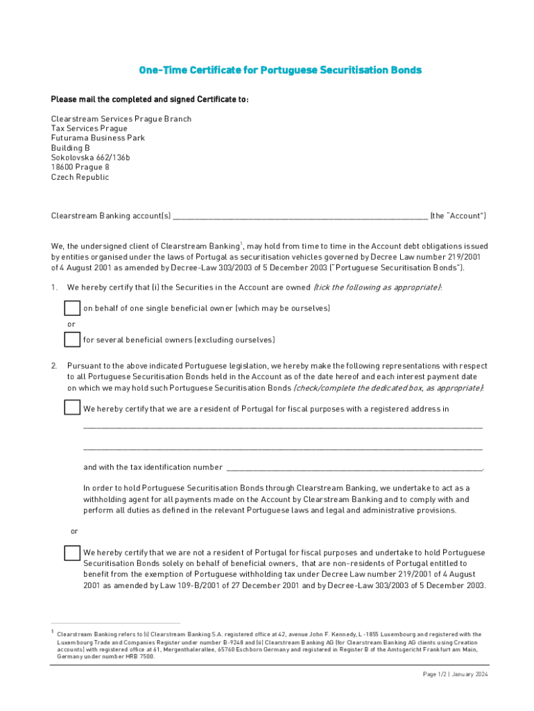 Fillable Online One-Time Certificate for Portuguese Securitisation ...