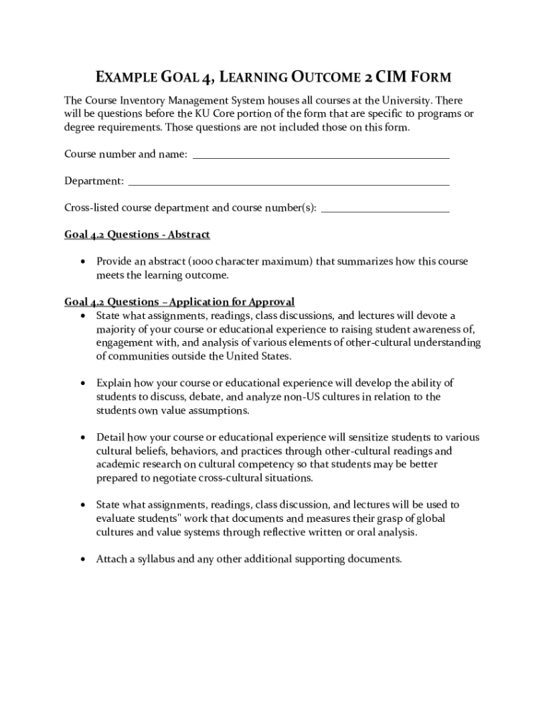 Fillable Online kucore ku example goal 4, learning outcome 2 cim form ...