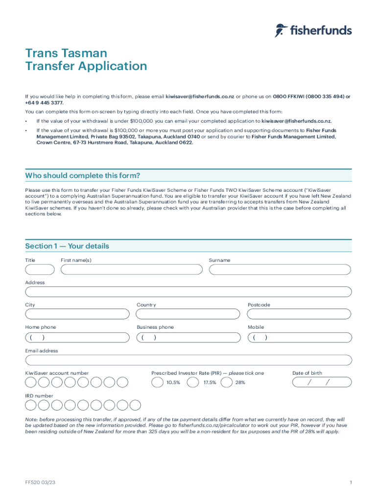 Fillable Online Fisher Funds KiwiSaver Scheme Trans Tasman Transfer ...