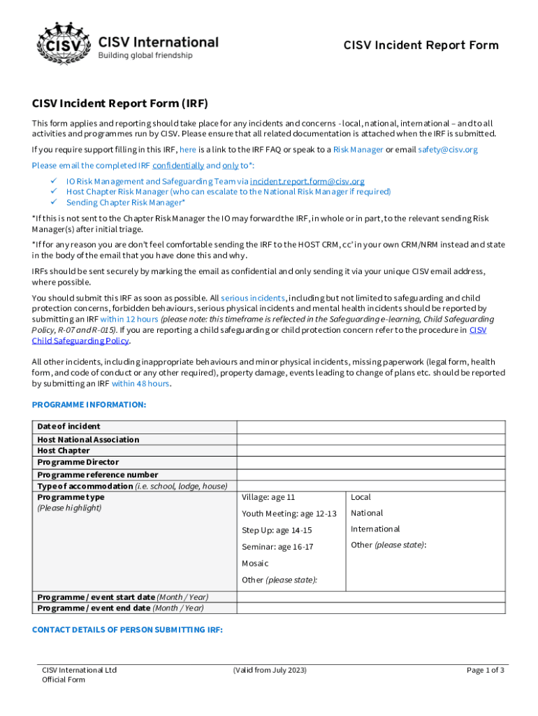 2023-2025 CISV Incident Report Form Fill Online, Printable, Fillable ...
