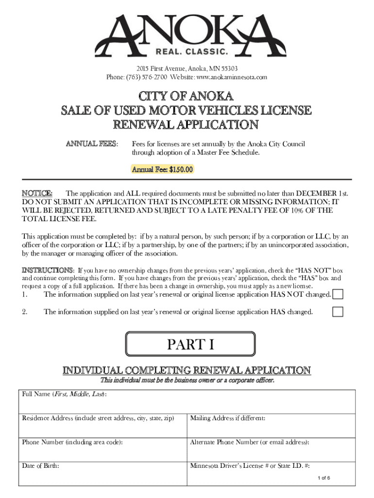 Fillable Online city of anoka sale of used motor vehicles license ...