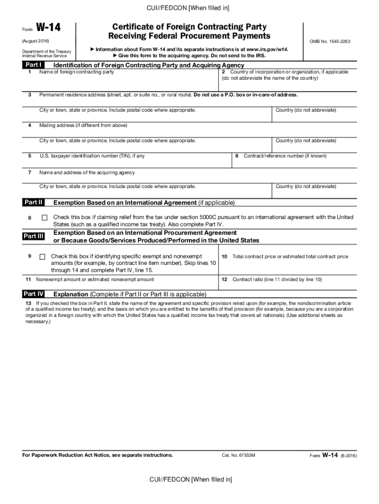 Fillable Online Form W-14 - Certificate of Foreign Contracting Party ... Fax Email Print - pdfFiller