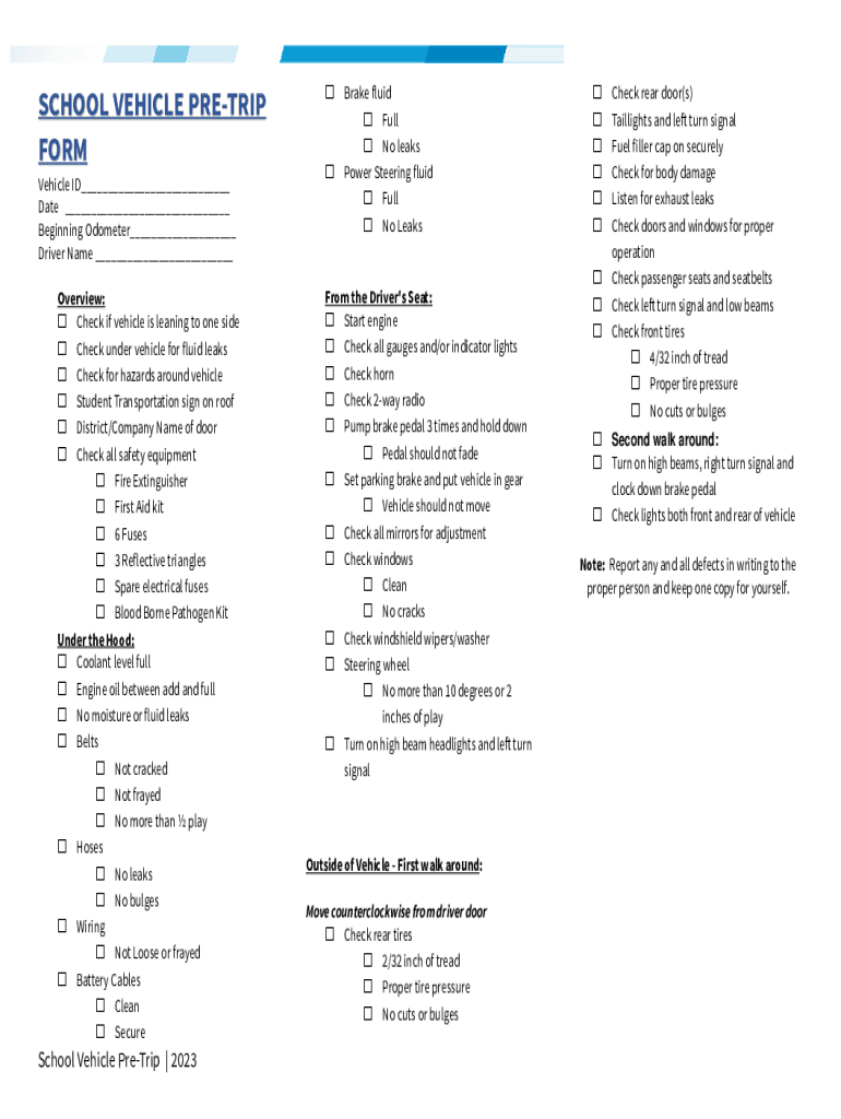 Fillable Online SCHOOL VEHICLE PRE-TRIP FORM Fax Email Print - pdfFiller