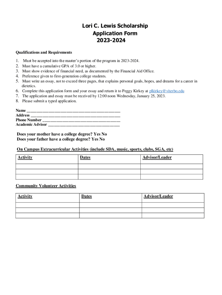 Fillable Online Lori C. Lewis Scholarship Application Form 2023-2024 ...