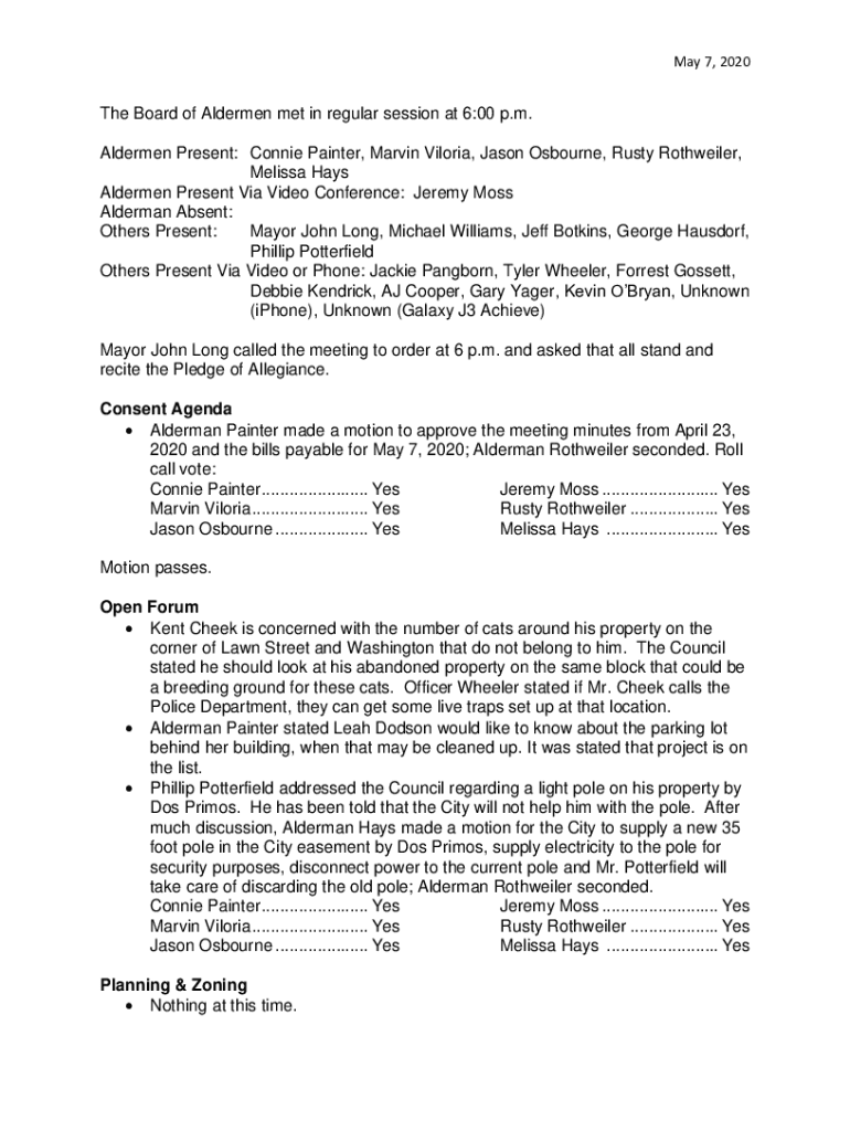 Fillable Online Aldermen Present: Connie Painter, Marvin Viloria, Jason ...