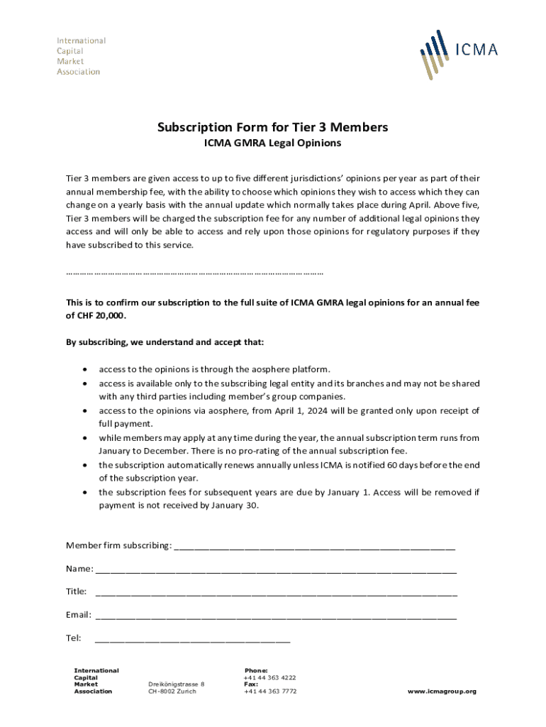 Fillable Online Subscription Form for Tier 3 Members - ICMA GMRA Legal Opinions Fax Email Print ...