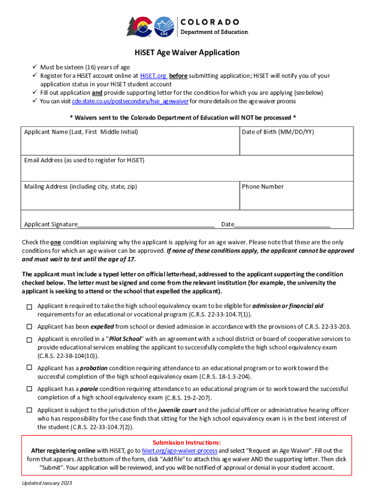 Fillable Online HiSET Age Waiver Application Fax Email Print - pdfFiller