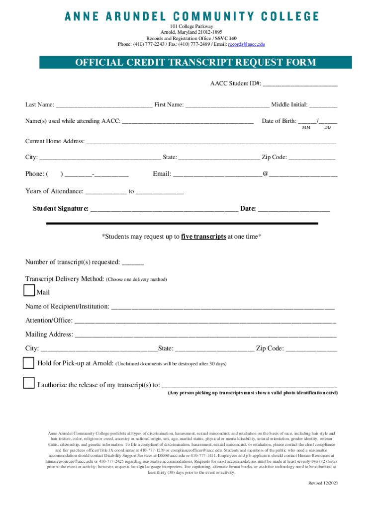 Fillable Online AACC Official Credit Transcript Request Form Fax Email ...